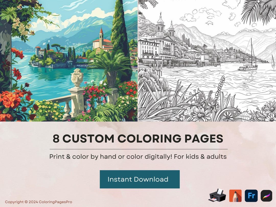 Lake Como Custom Digital Coloring Pages - Instant Download, Coloring ...