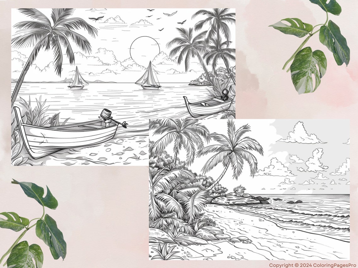 Tropical Beach Coloring Pages for Adults and Kids - Instant Download ...