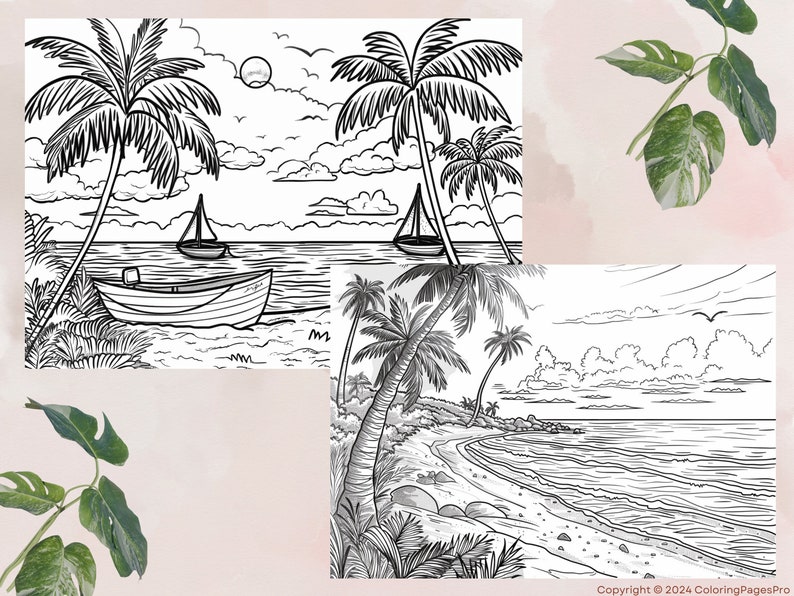 Tropical Beach Coloring Pages for Adults and Kids - Instant Download ...