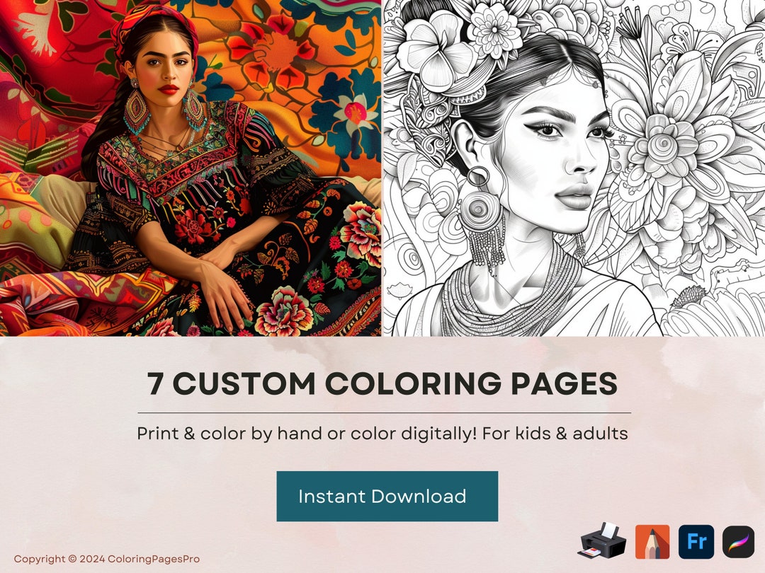 Mexican Women Printable Coloring Pages for Adults and Kids | Instant ...