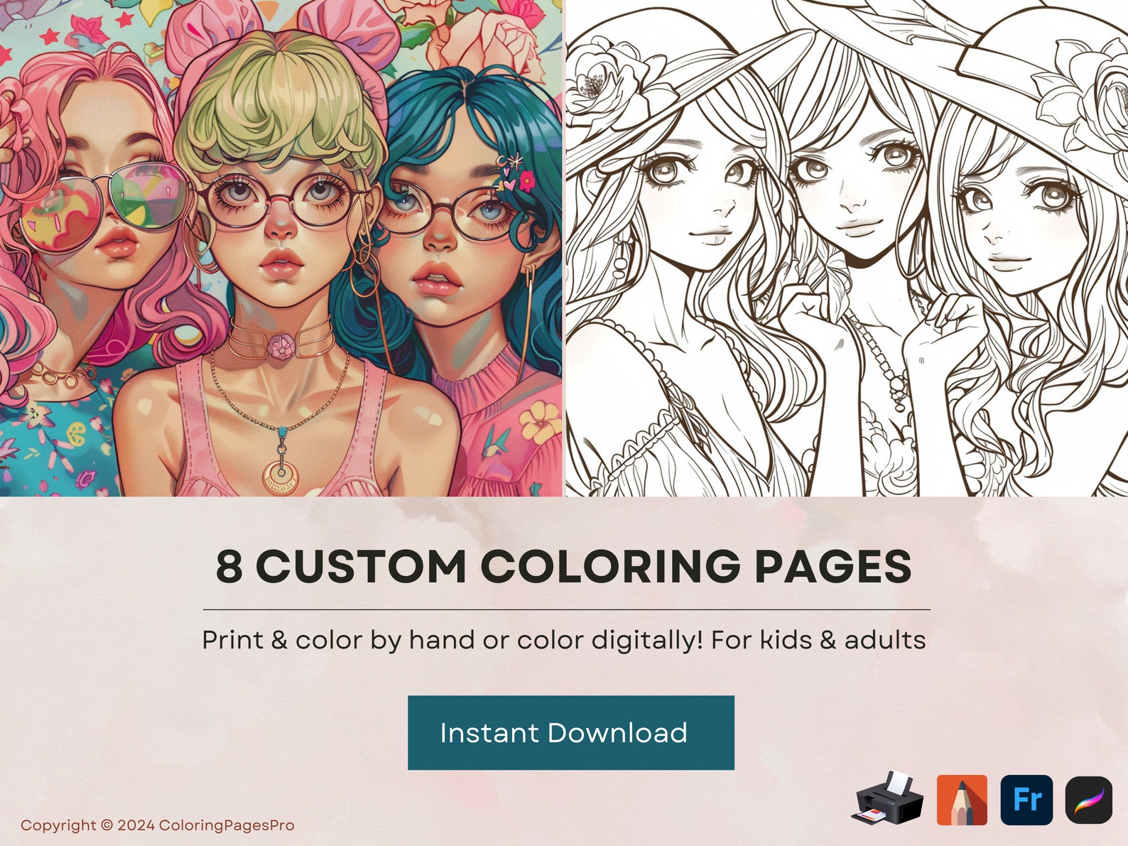 Kawaii Girls Coloring Pages for Adults and Kids | Instant Download ...