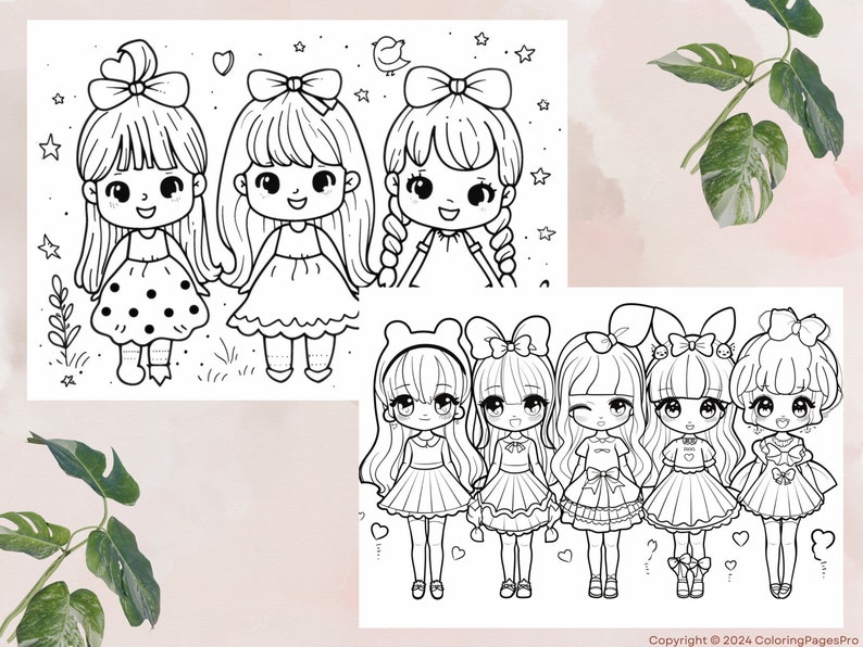 Kawaii Girls Coloring Pages for Adults and Kids Instant Download ...