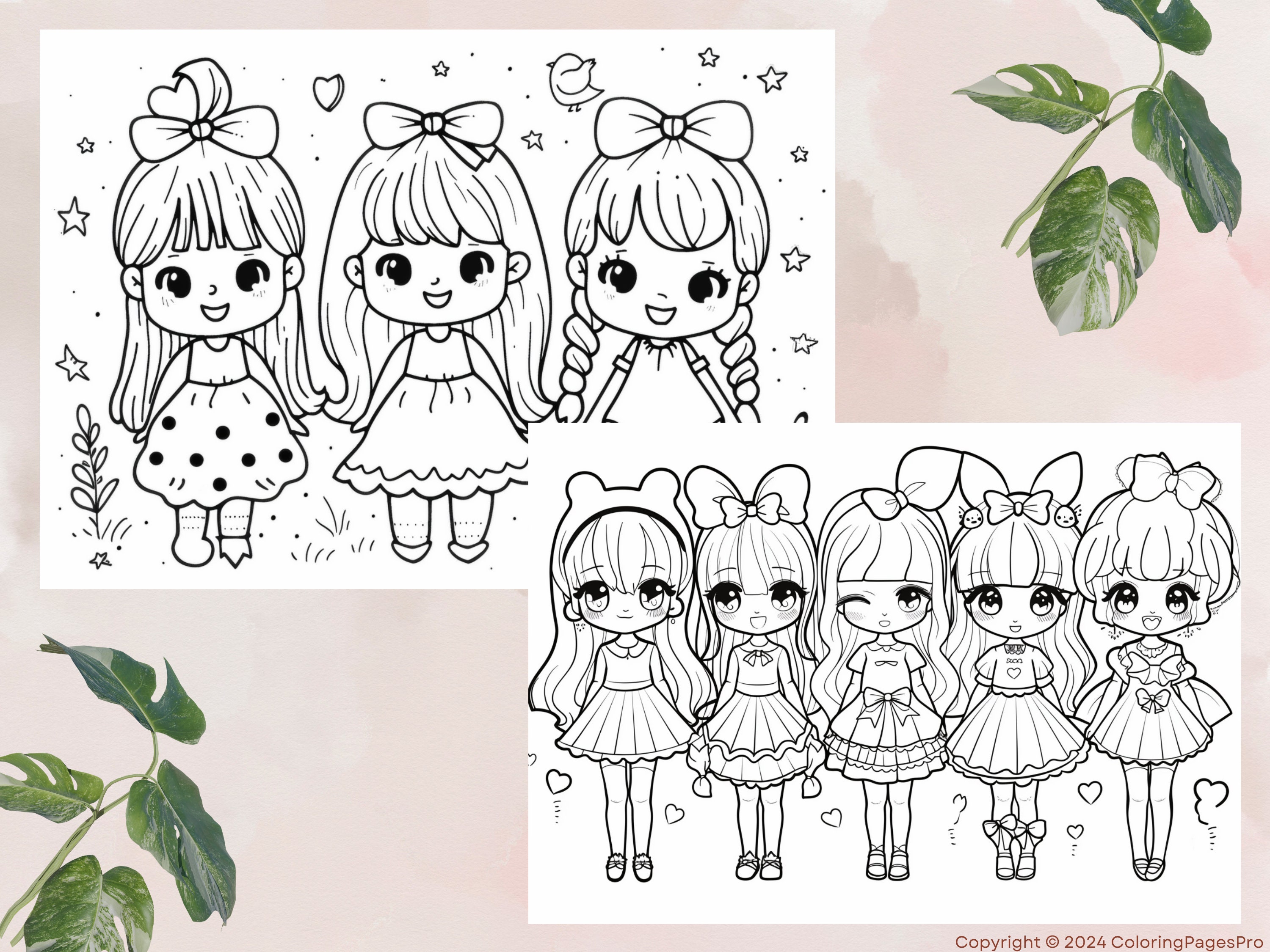 Kawaii Girls Coloring Pages for Adults and Kids | Instant Download ...