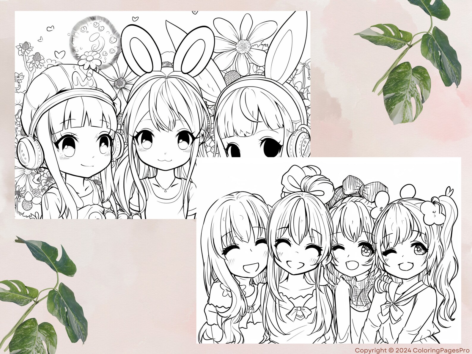 Kawaii Girls Coloring Pages for Adults and Kids Instant Download ...