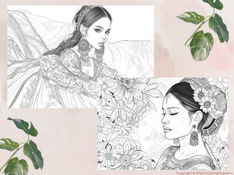 Mexican Women Printable Coloring Pages for Adults and Kids | Instant ...