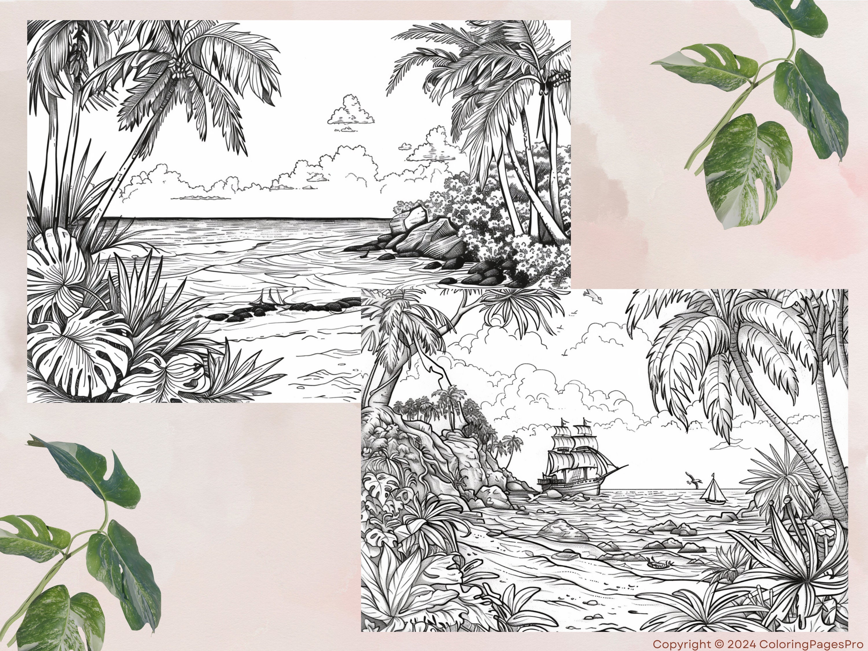 Tropical Beach Coloring Pages for Adults and Kids - Instant Download ...