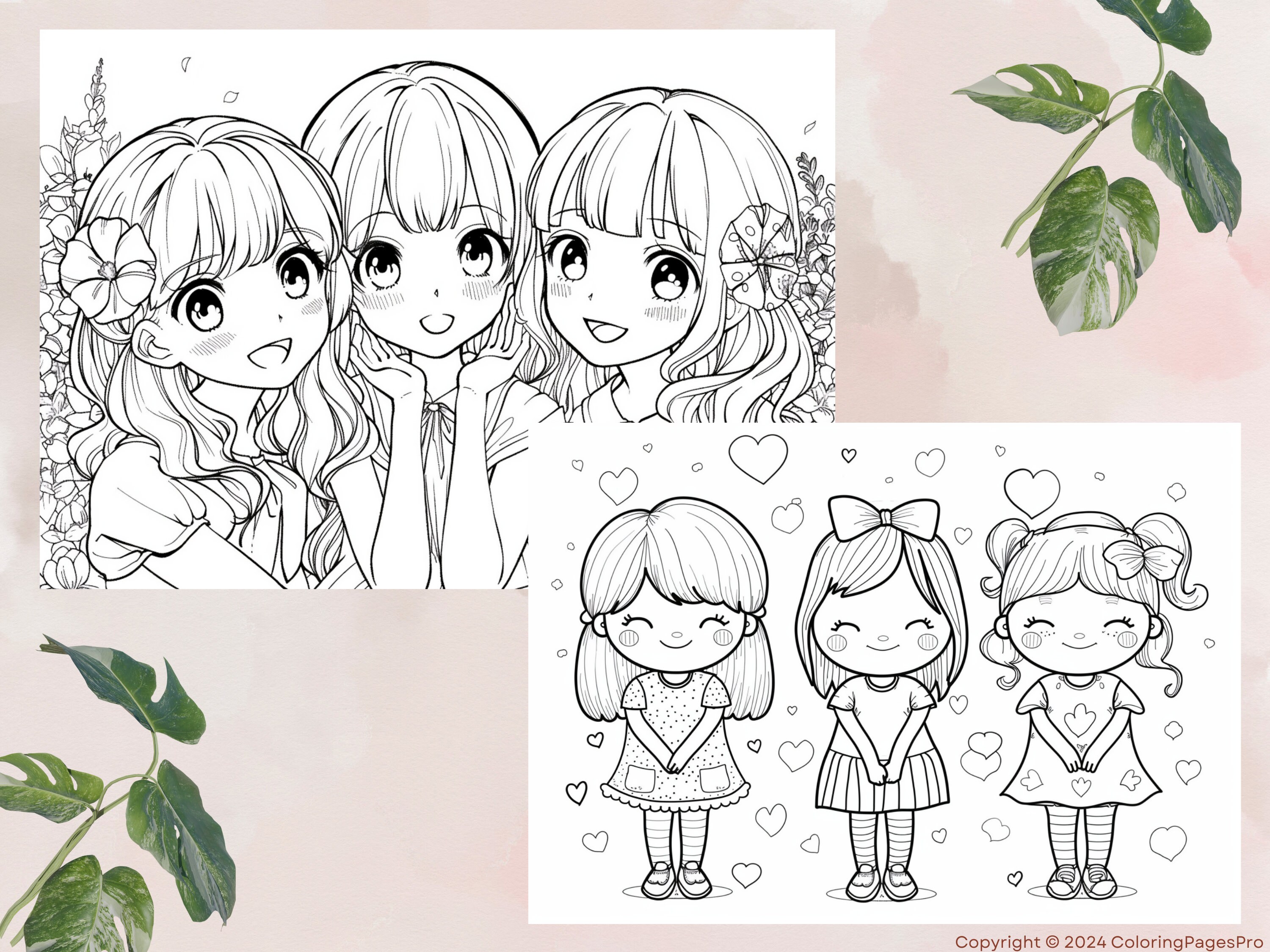 Kawaii Girls Coloring Pages for Adults and Kids | Instant Download ...