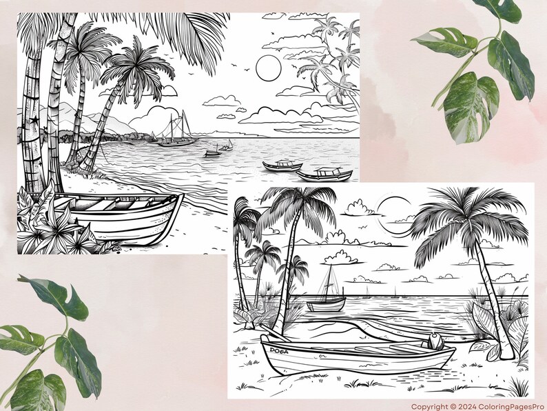 Tropical Beach Coloring Pages for Adults and Kids - Instant Download ...