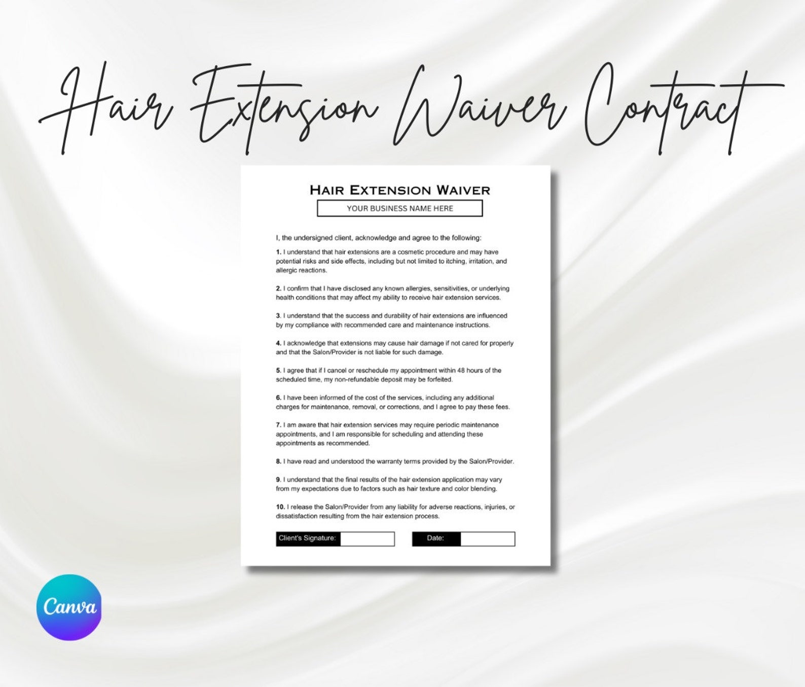 Hair Extension Consent & Liability Waiver Forms, Hair Extension Waiver ...