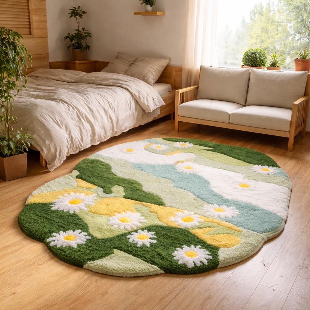 Handmade Organic Wool Blend Daisy Rug, Moss Tufted Floral Carpet ...