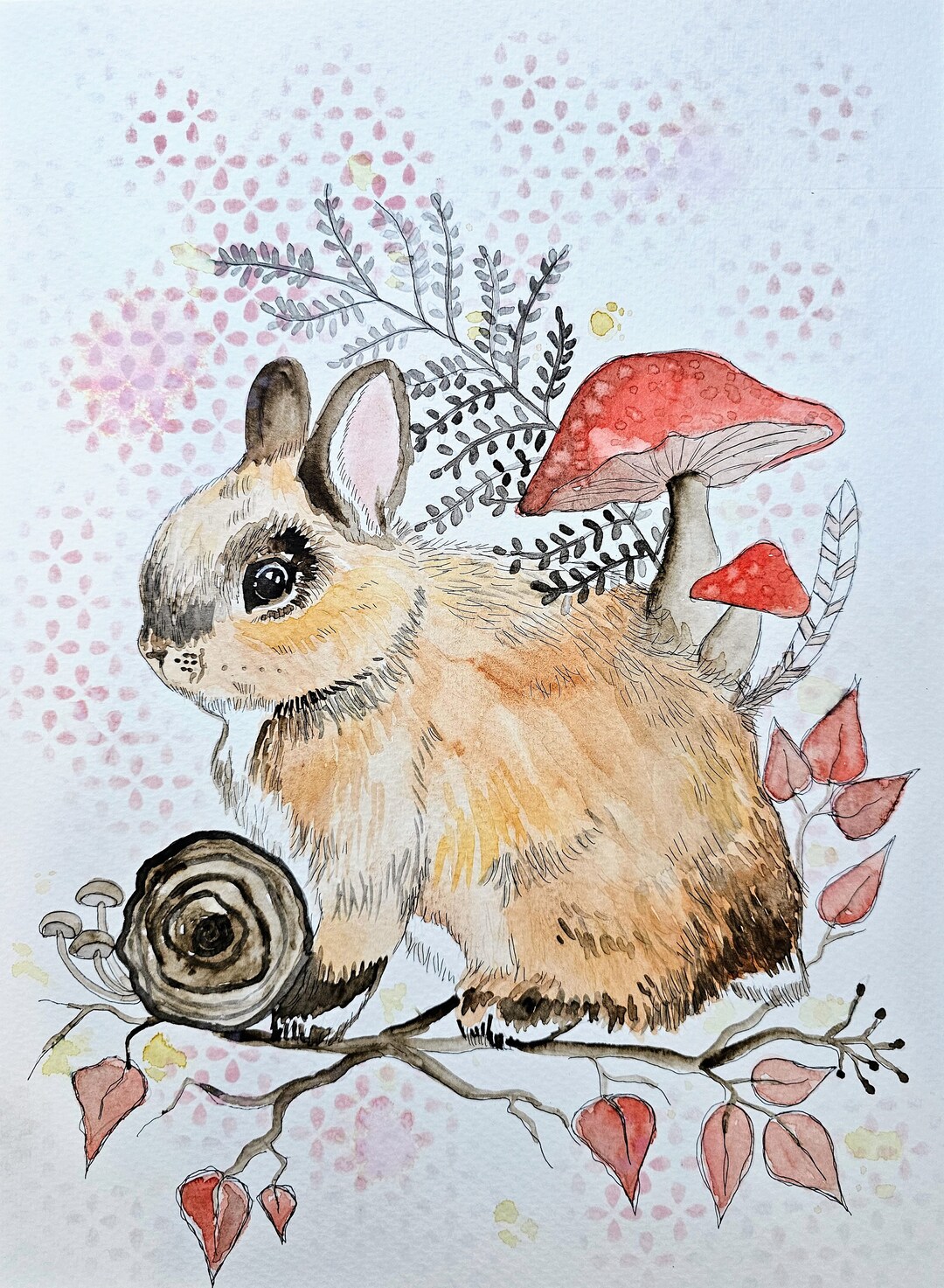 8x10 Watercolor Netherland Dwarf Art Print Fox Mushrooms Rabbit - Etsy