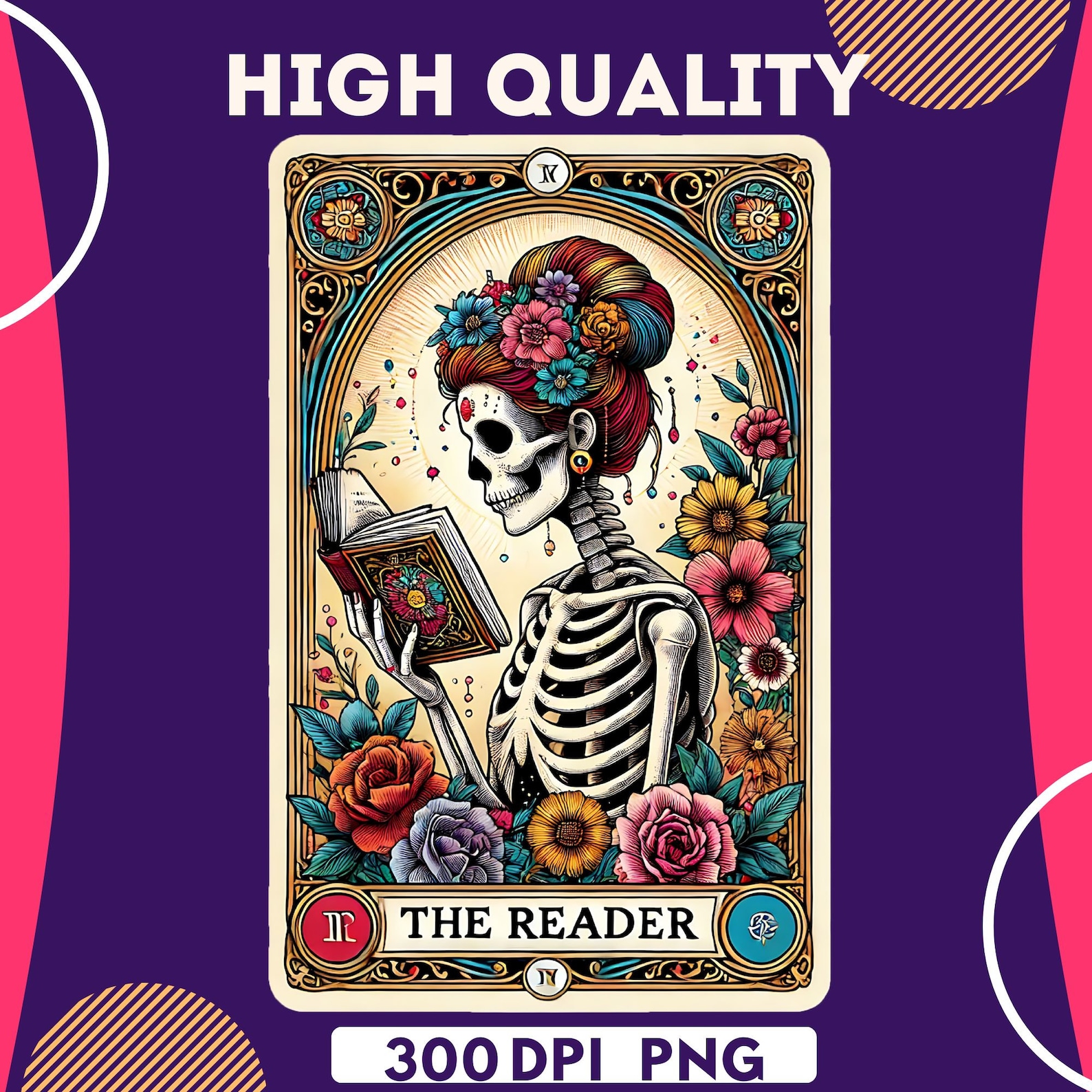The Reader Tarot Card PNG , Colorful Floral Design, Unique Art Print ...