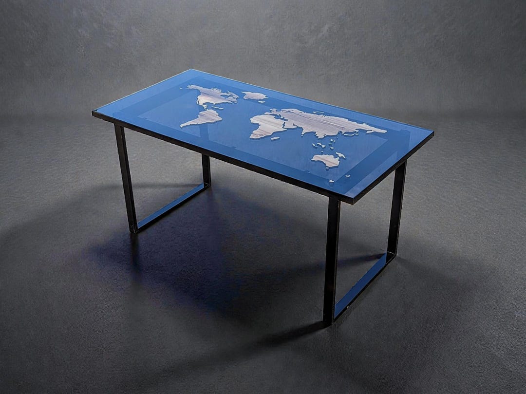 Custom Epoxy Resin World Map Table – Handmade Solid Wood Resin Dining ...