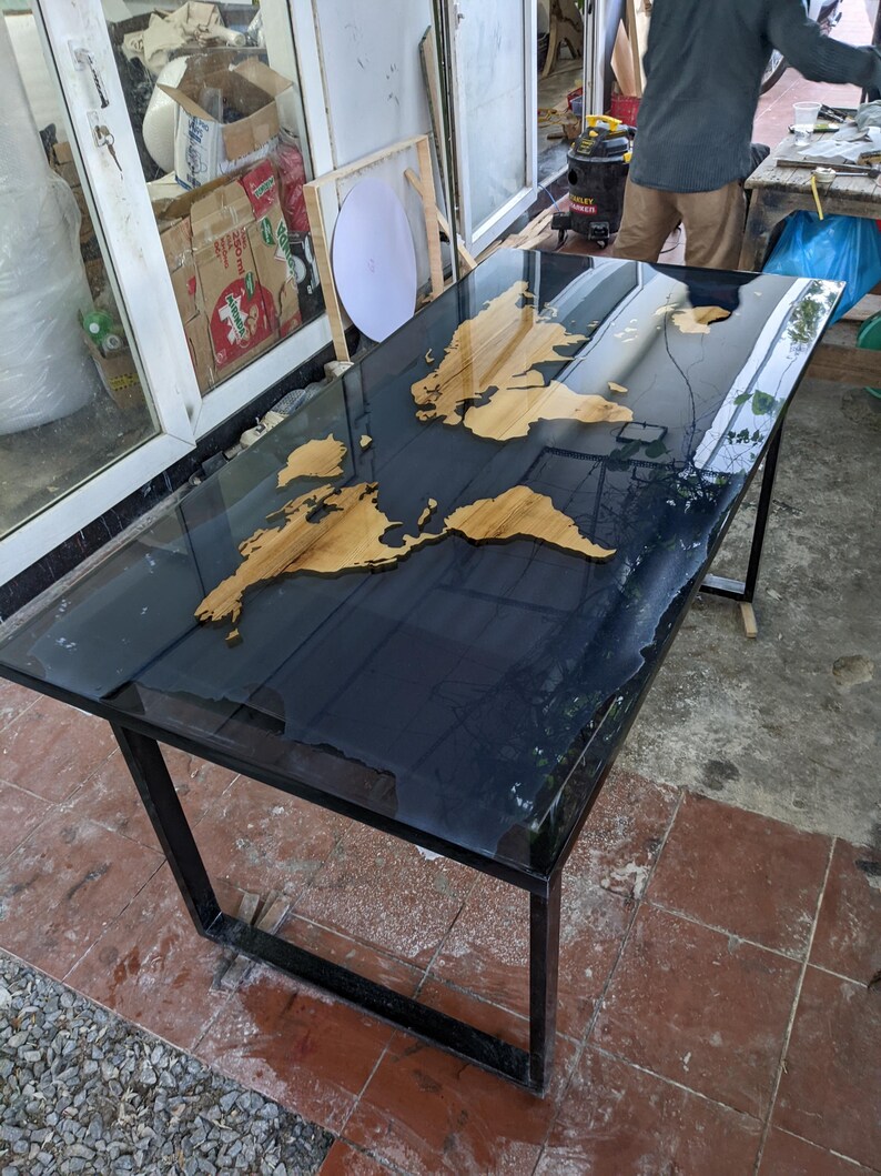 Custom Epoxy Resin World Map Table – Handmade Solid Wood Resin Dining ...
