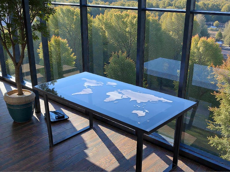 Custom Epoxy Resin World Map Table – Handmade Solid Wood Resin Dining ...