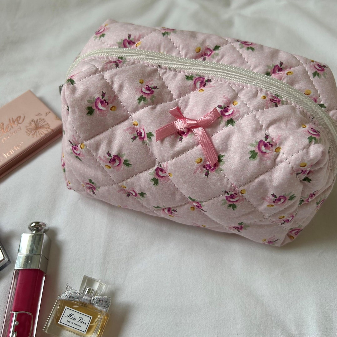 Pink Floral Makeup Bag With Bow Detail - Cute Makeup Bag- Aesthetic ...