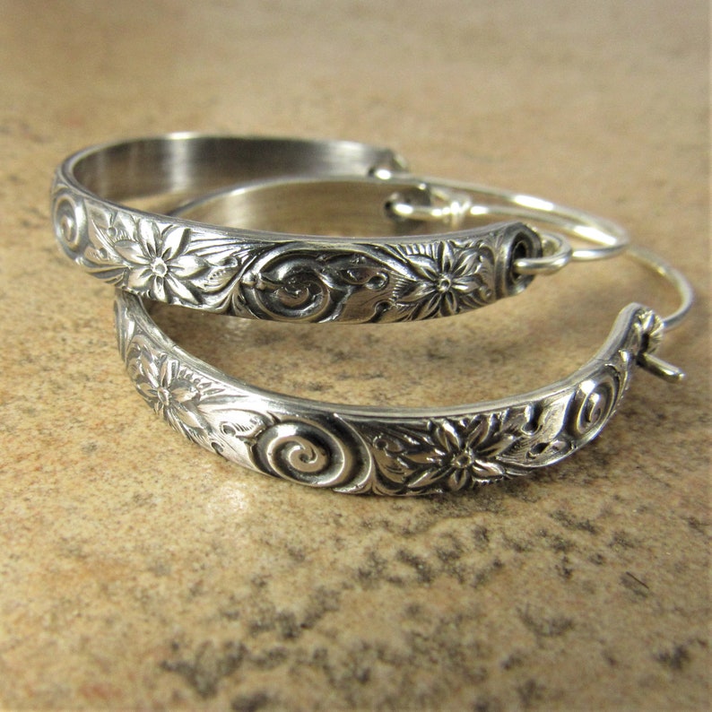 Large Sterling Silver Floral Pattern Hoop Earrings 1.75 - Etsy