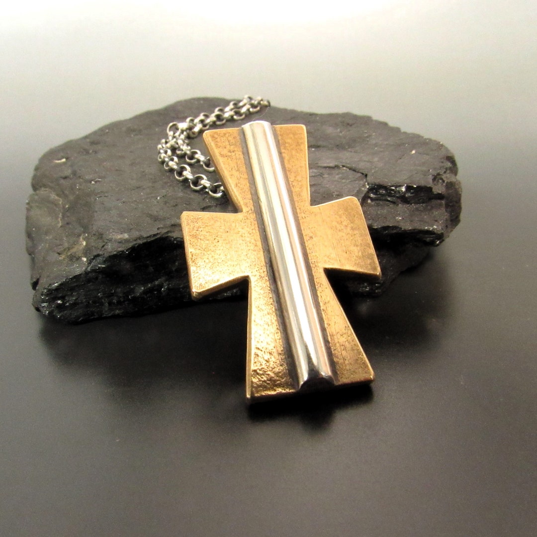 Rustic Cross Necklace for Men or Women, Bronze and Sterling Silver ...