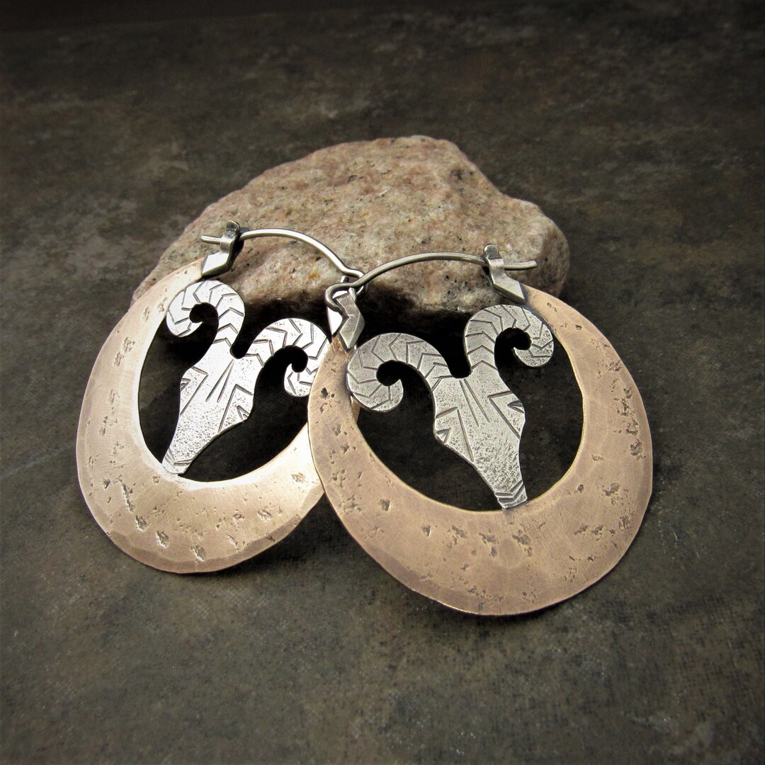 Rams Head Earrings, Large Silver and Bronze Exotic Statement Earrings ...