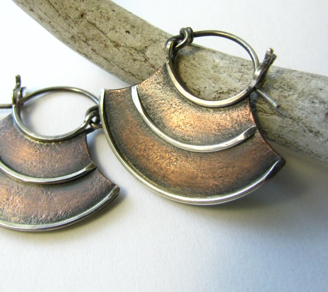 Rustic Silver and Copper Tribal Earrings, Blade Hoops, Contemporary ...