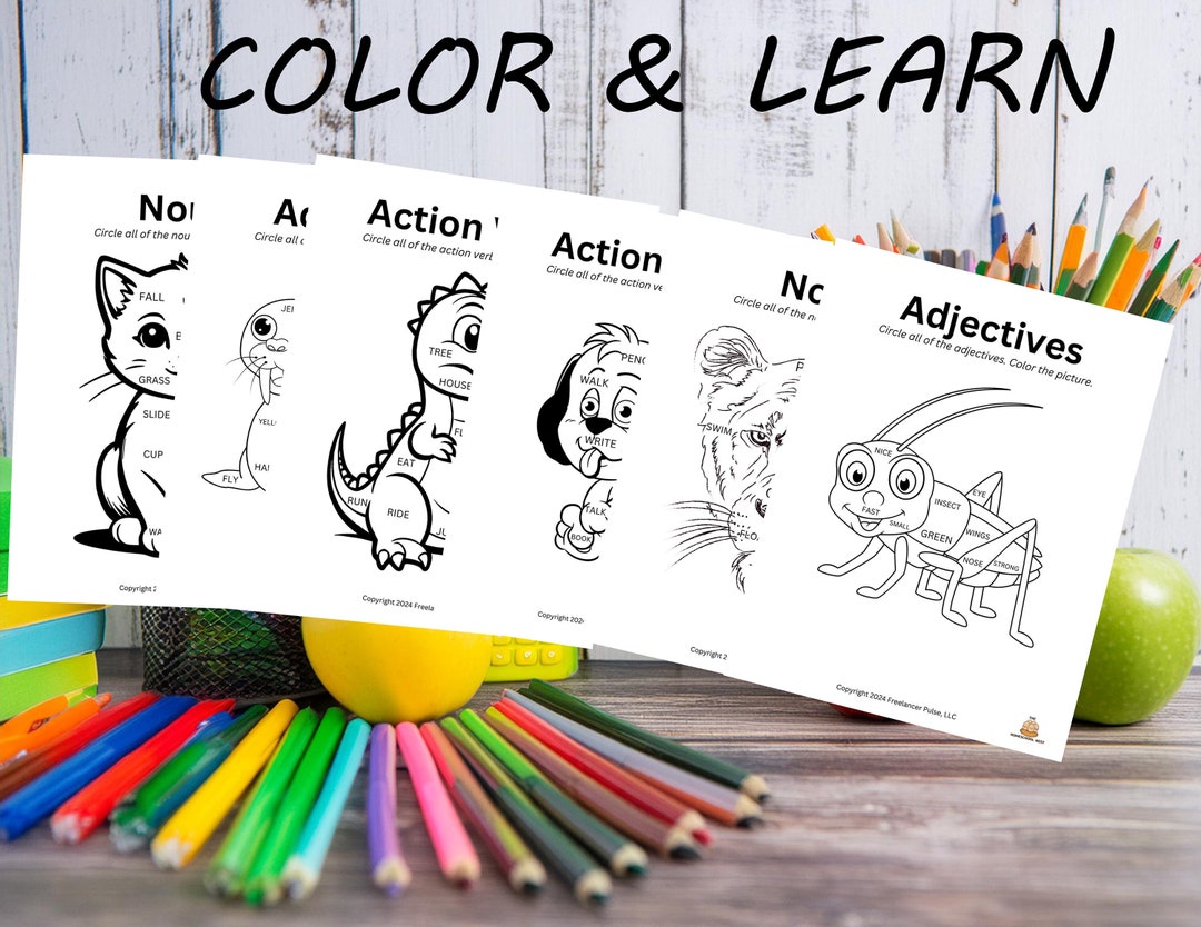 Fun Animal Coloring Pages/grammar Identification Worksheets - Etsy