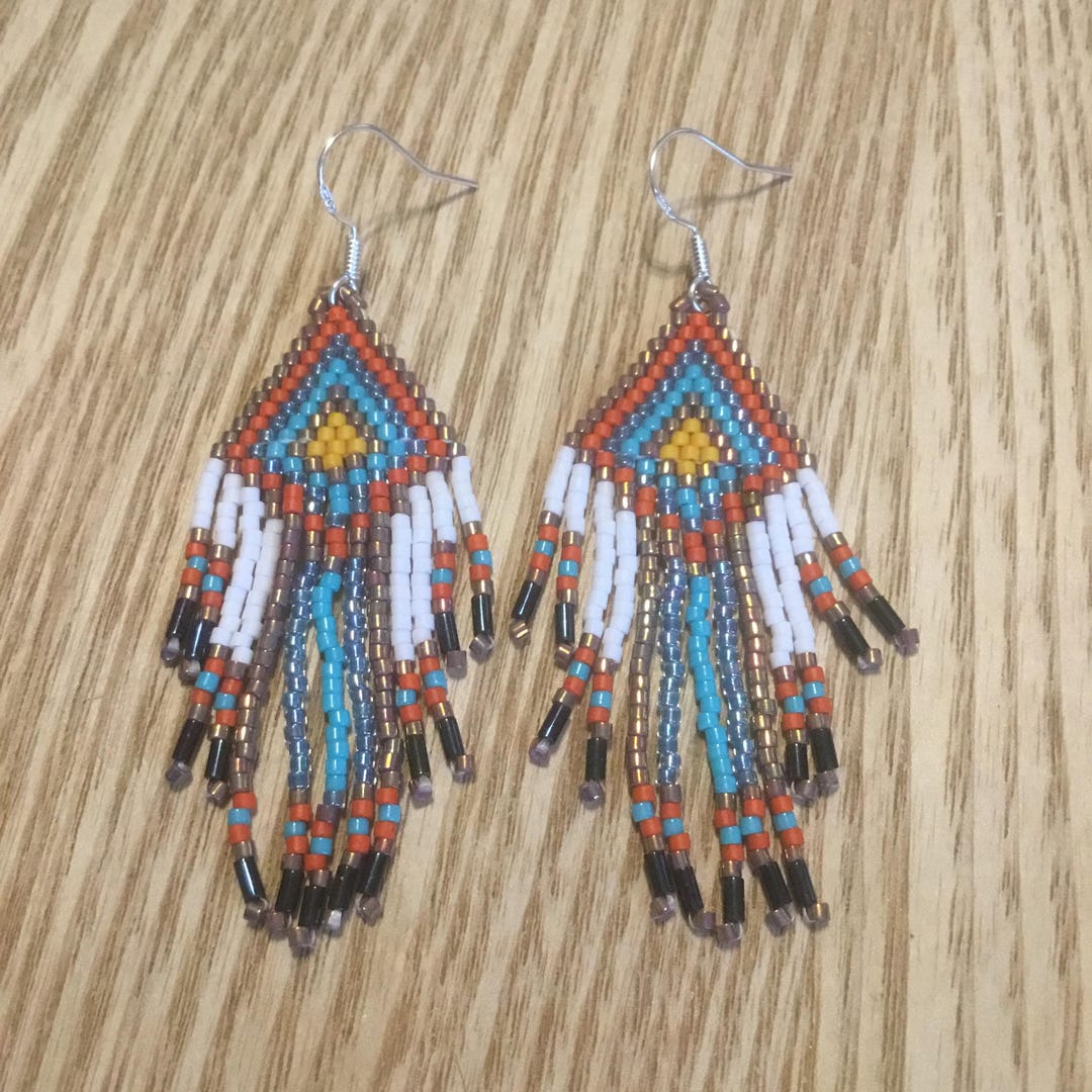 Brick Stitch Triangle Beaded Tribal Earrings With Fringe - Etsy
