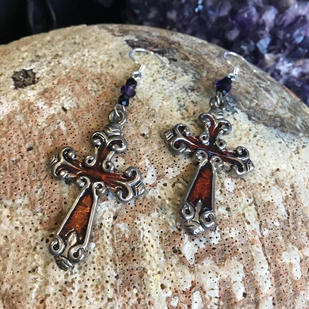 Red Enamel Cross Earrings With Crystals - Gothic Style - Crystal Accent ...