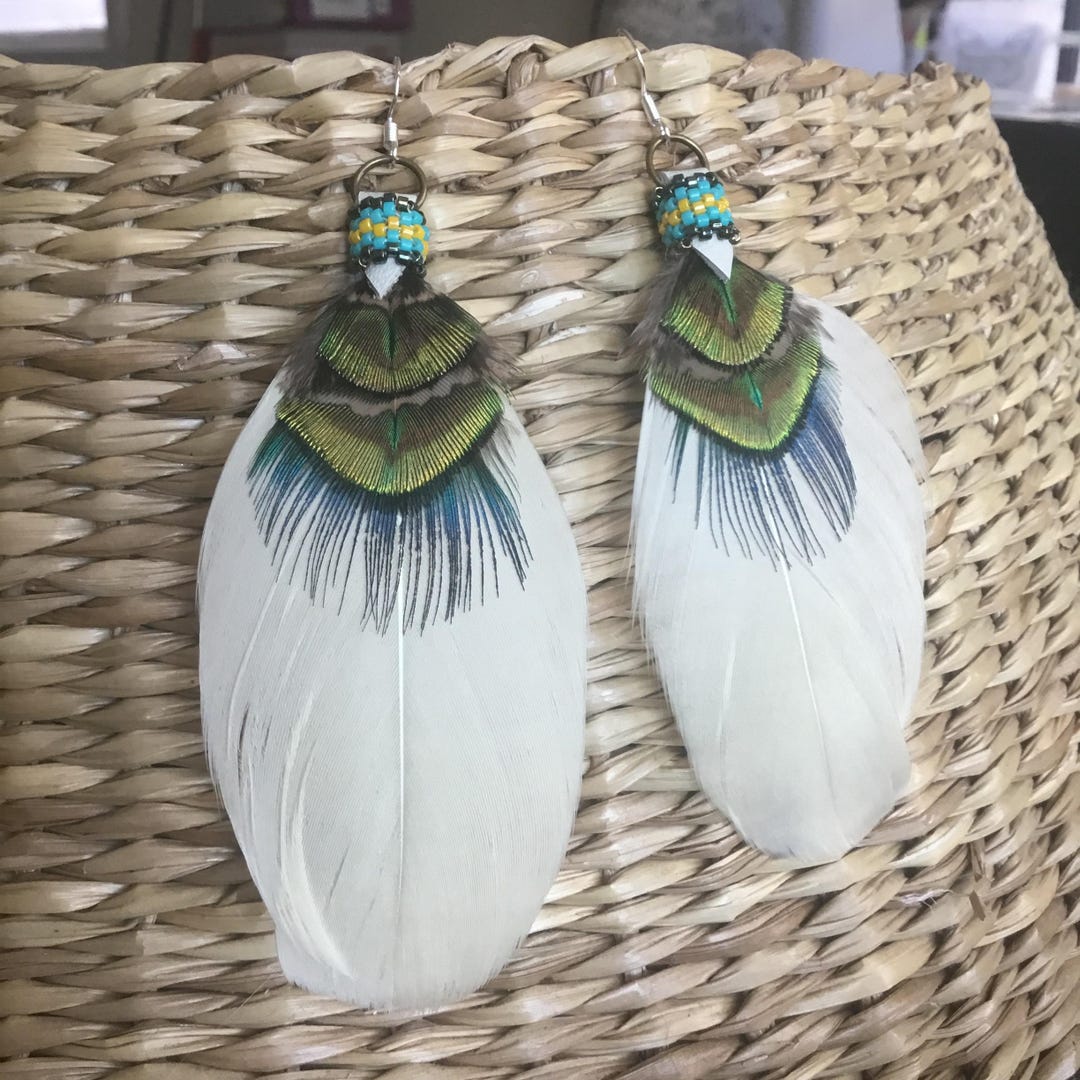Tribal Boho Peyote Beaded Leather Wrapped Feather Earrings Cream Green ...