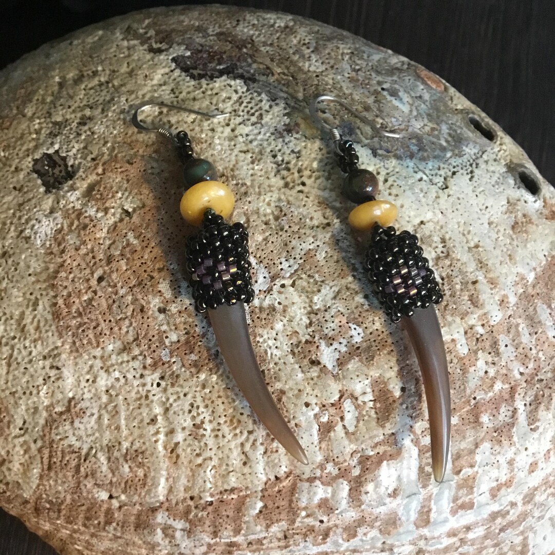 Unique Beaded Horn Talon Earrings Peyote Stitch Autumn Hues, Tribal ...