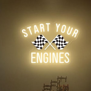 Start Your Engines Neon Sign, Checkered Flag Wall Decor, Raceday Sign ...