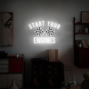 Start Your Engines Neon Sign, Checkered Flag Wall Decor, Raceday Sign ...