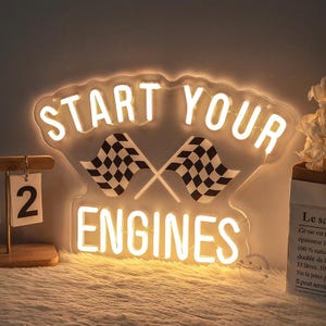 Start Your Engines Neon Sign, Checkered Flag Wall Decor, Raceday Sign ...