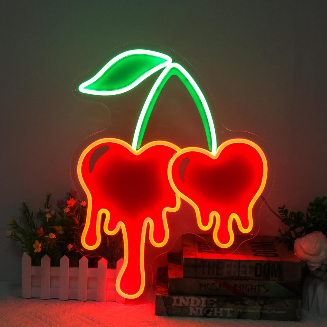 Cherry Neon Sign: Drip Heart Cherries, Disco Ball Decor - Etsy