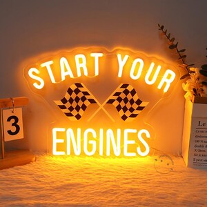 Start Your Engines Neon Sign, Checkered Flag Wall Decor, Raceday Sign ...