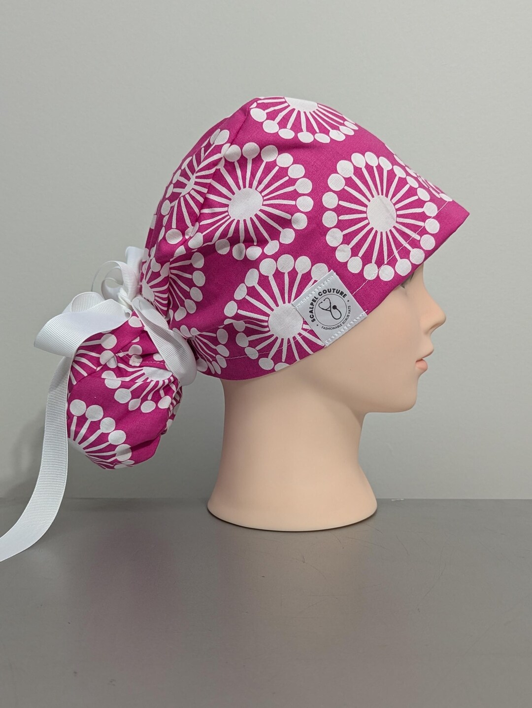 Hot Pink and White Scrub Hat, Ponytail Style Surgical Cap, FREE ...