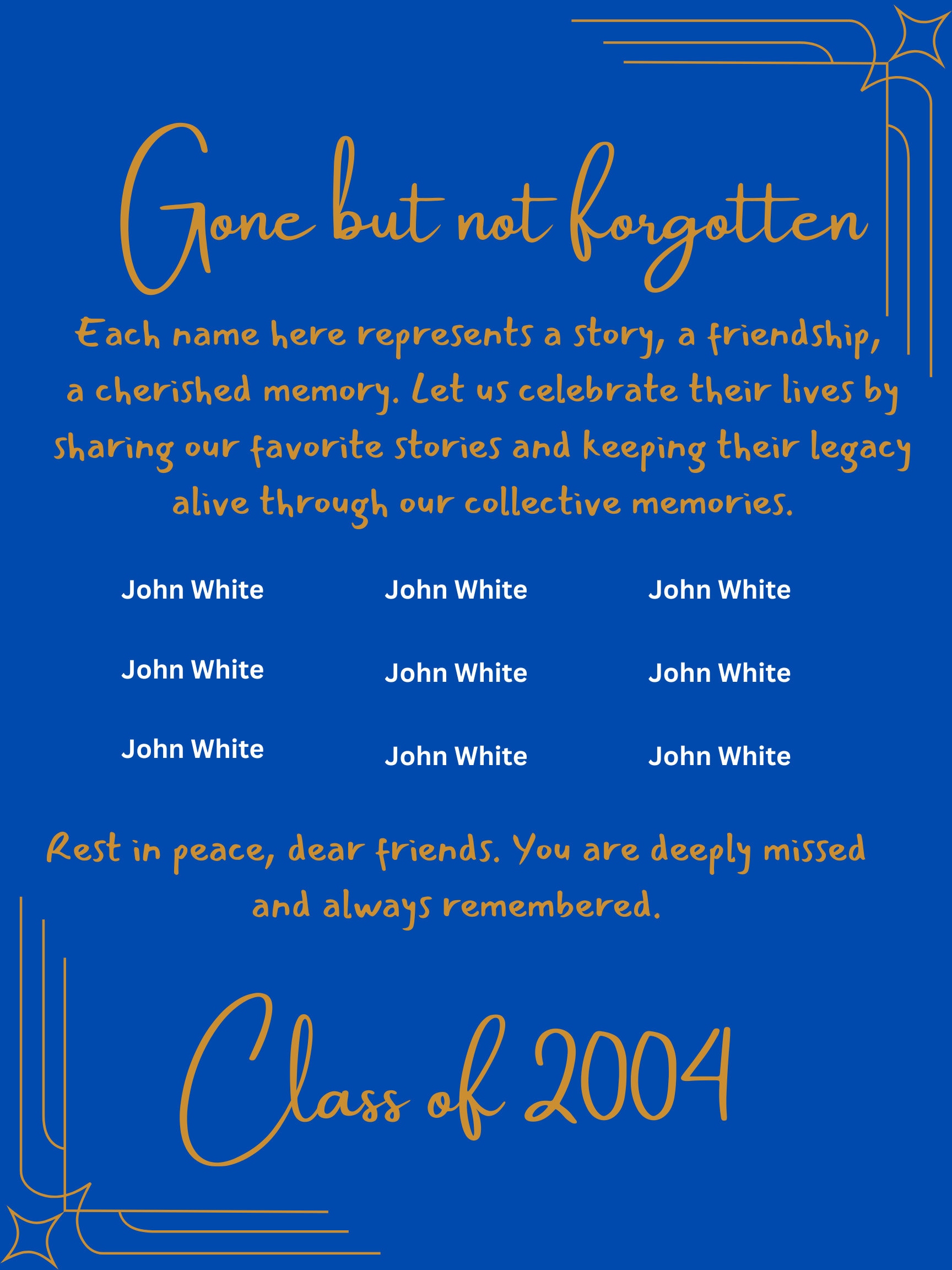 Class Reunion Memorial Poster - Blue and Gold Tribute, Loving Memory ...