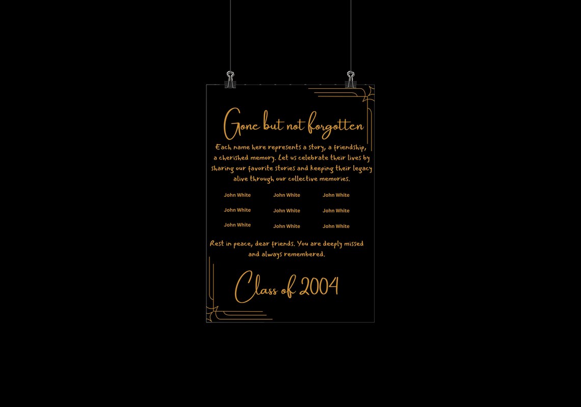 Class Reunion Memorial Poster -black and Gold Tribute, Loving Memory ...