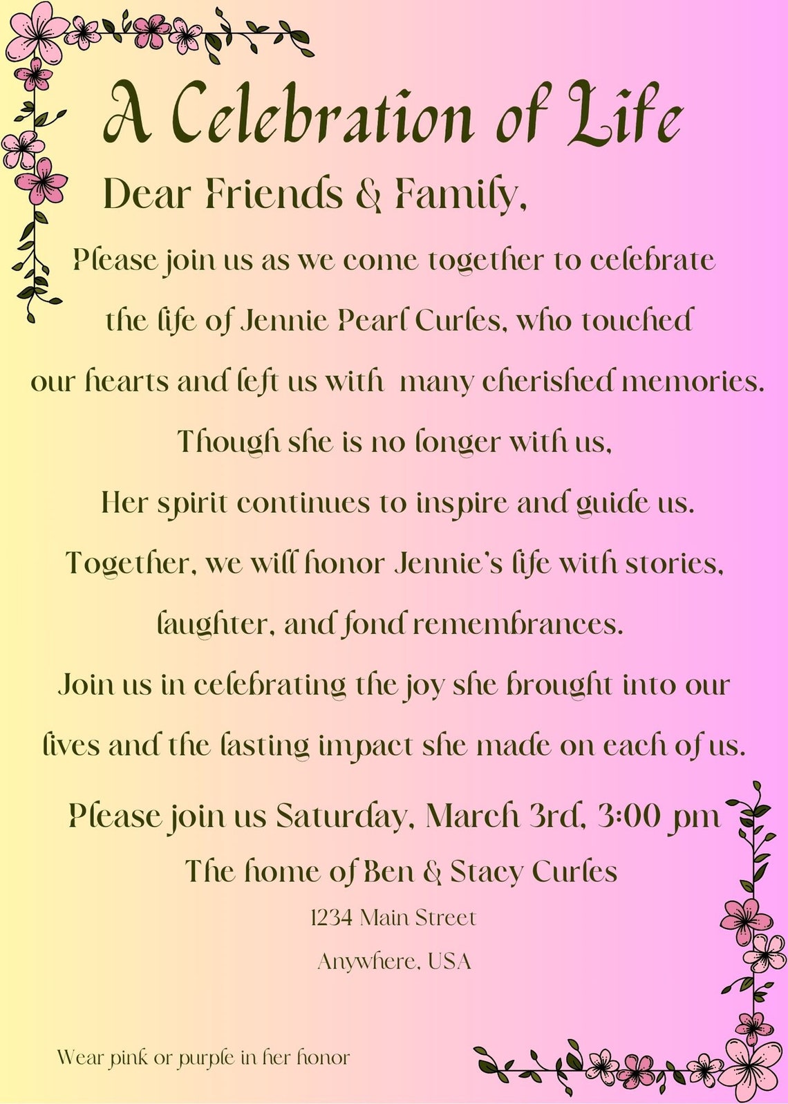 Funeral Invitation, Funeral Announcement, Celebration of Life, Funeral ...