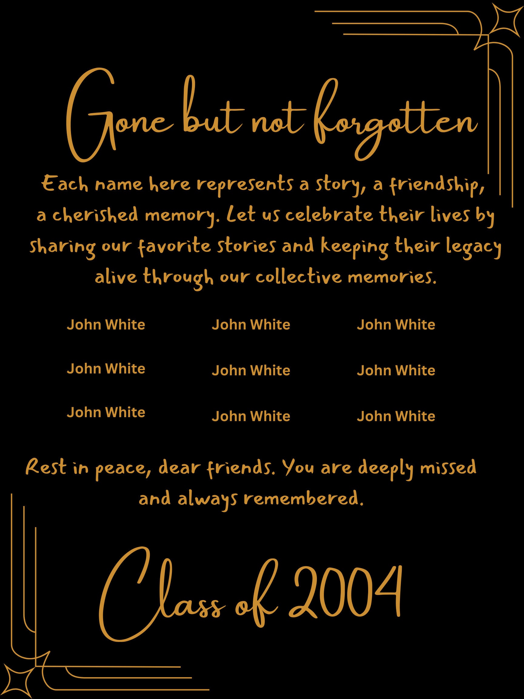 Class Reunion Memorial Poster -black and Gold Tribute, Loving Memory ...