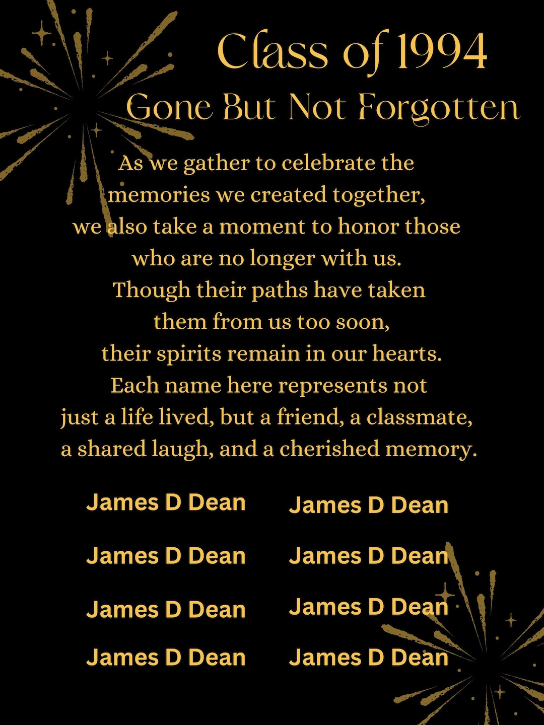 Class Reunion Memorial Poster -black and Gold Tribute, Loving Memory ...