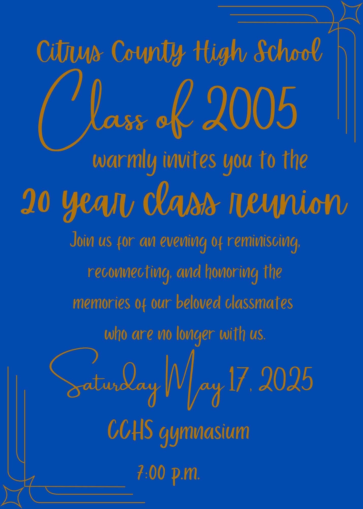 Blue Gold Class Reunion Invitation, Class of High School, College ...