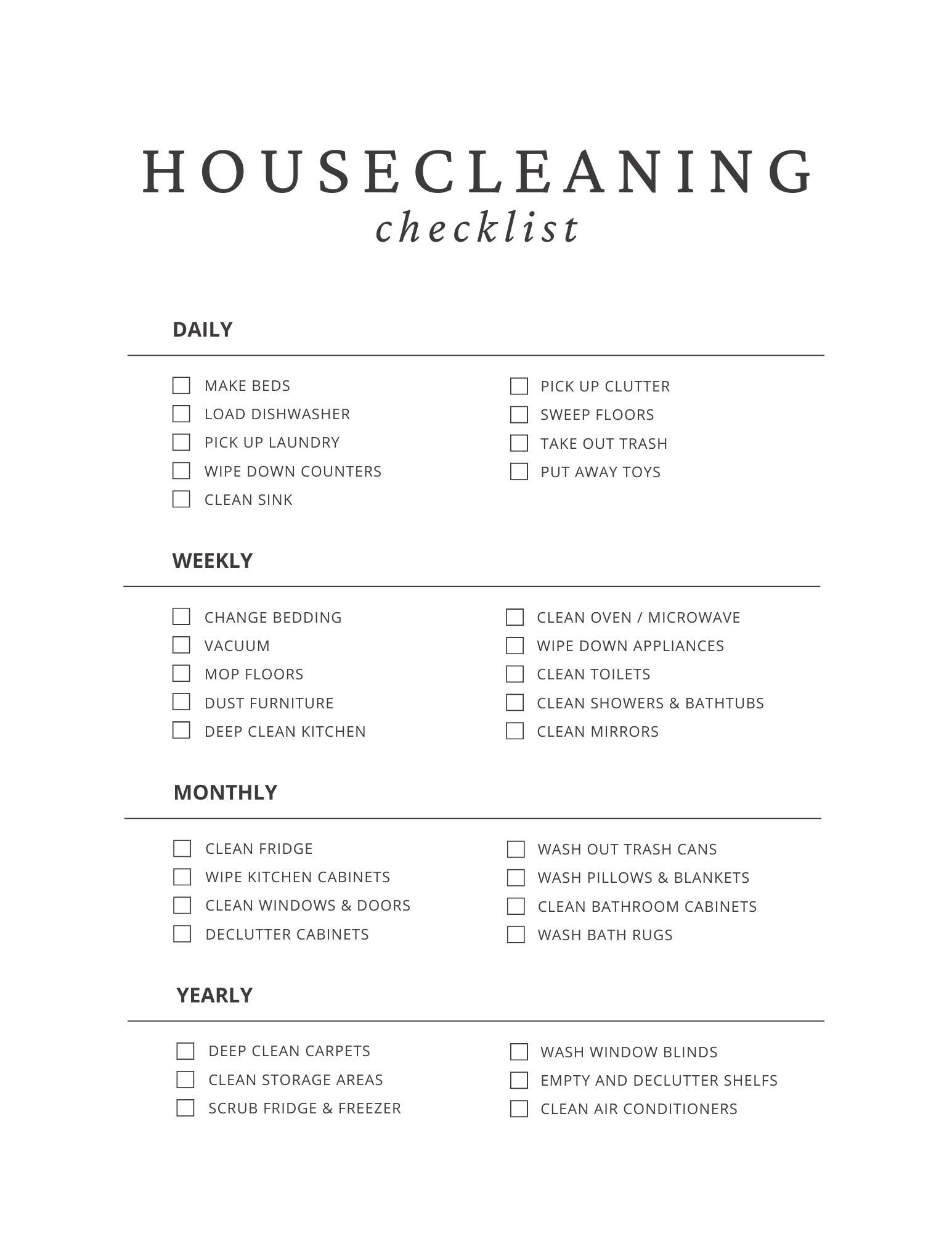 Printable House Cleaning Checklist Daily, Weekly & Monthly Cleaning ...