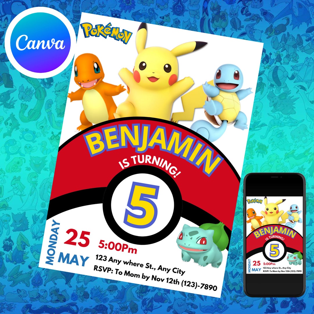 Pikachu Invitation, Pokemon Invitation, Editable in Canva, Pikachu ...