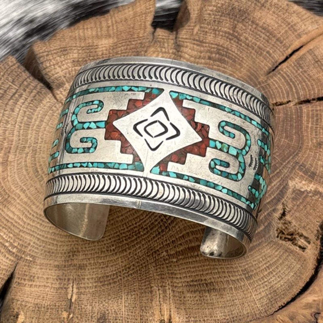 GIBSON GENE Navajo Sterling Turquoise & Coral Chip Inlay Cuff Bracelet ...