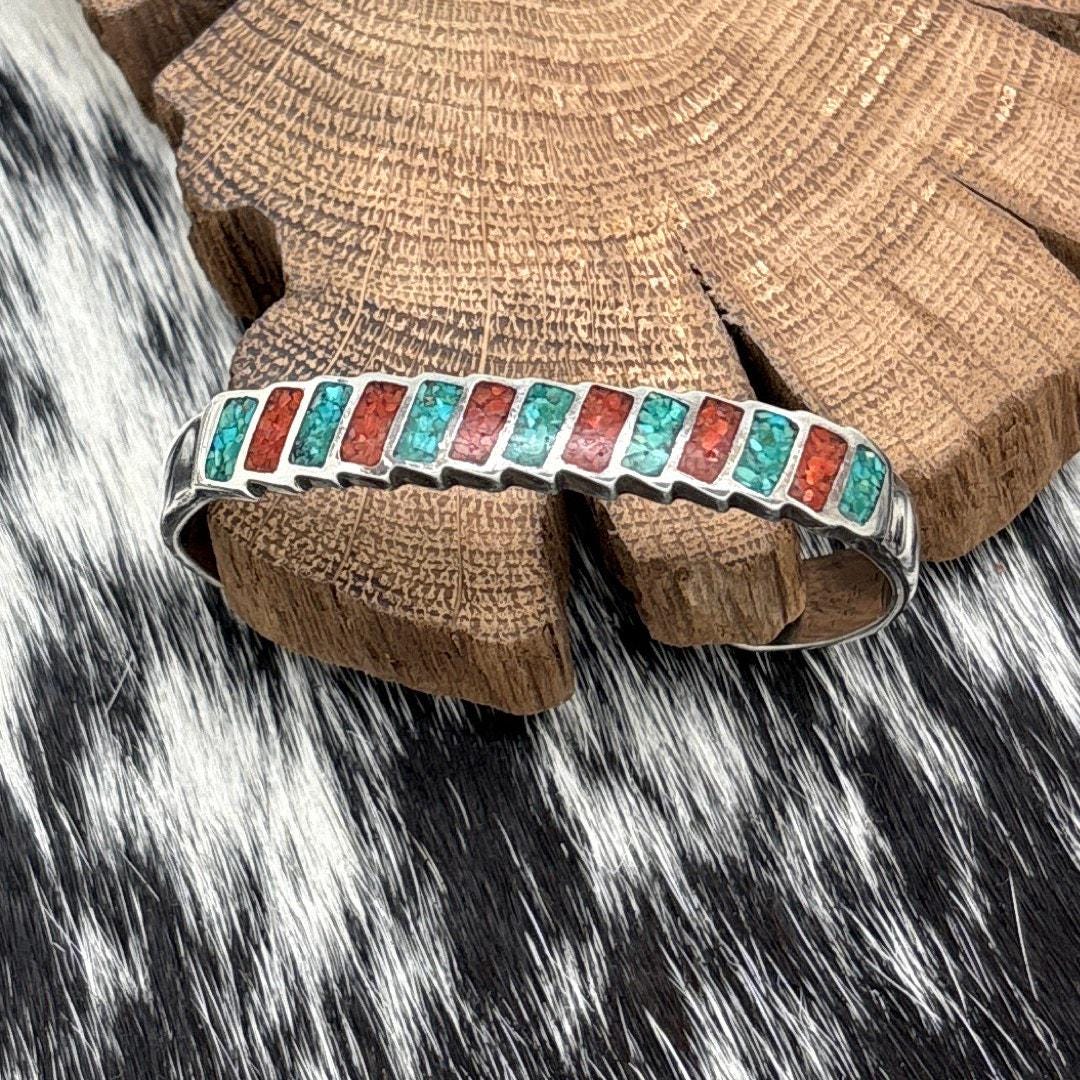 1980s Native American NAVAJO Sterling Turquoise Coral Cuff Bracelet ...