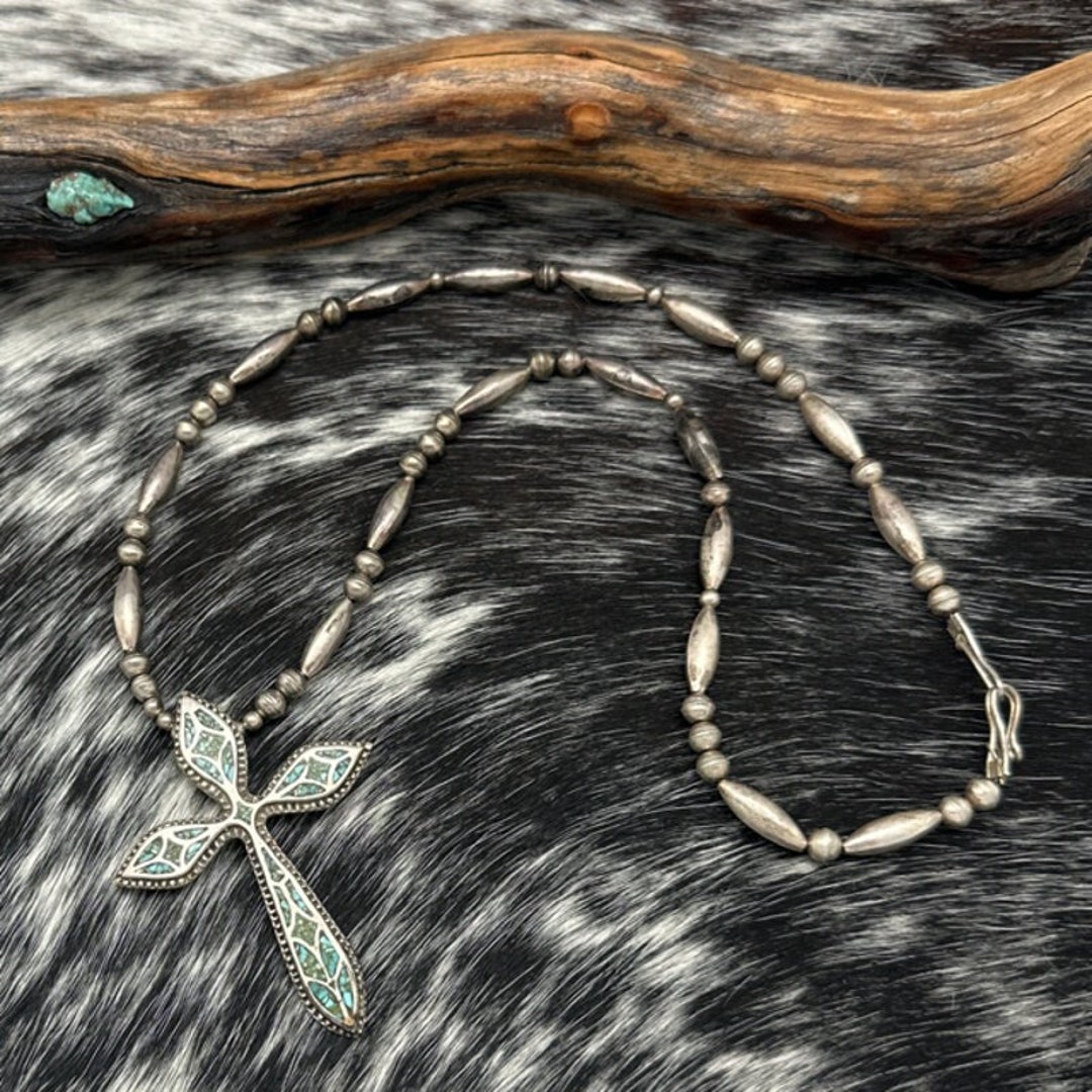1970s Native American NAVAJO Sterling & Turquoise Chip Inlay Cross Bead ...