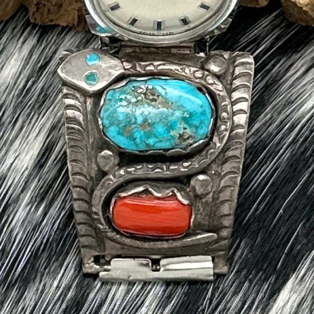 Timex Watch Featuring 1960s NATIVE AMERICAN Sterling Turquoise Coral ...