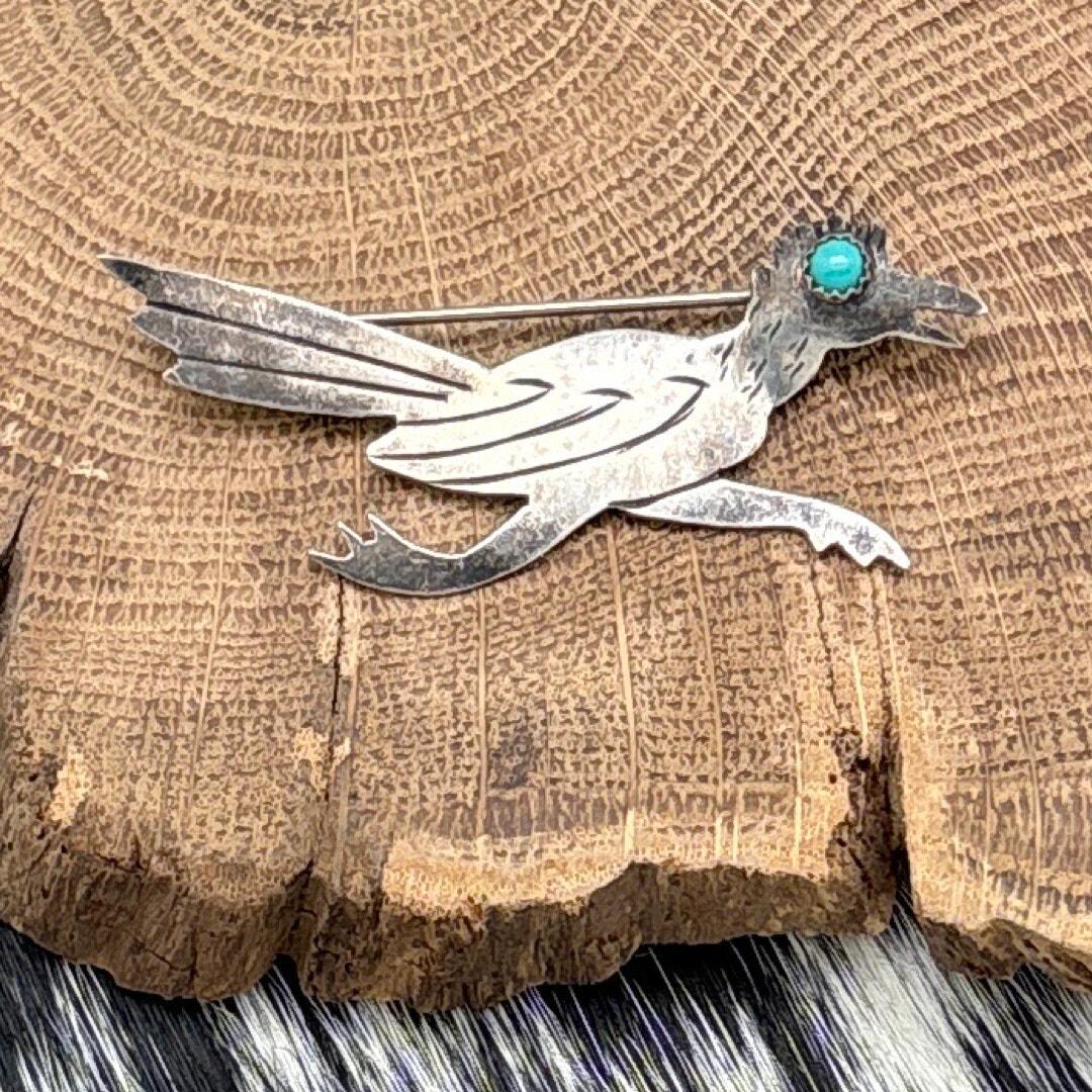 1940s Native American NAVAJO Sterling & Turquoise Roadrunner Pin Fred ...
