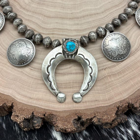 1970s Native American NAVAJO Silver Turquoise Naja Ne… - Gem