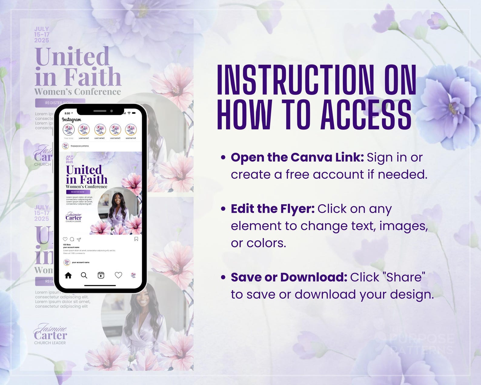 Women in Faith Conference Flyer Canva Template | Violet Floral Church ...